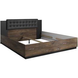 Lomadox Schlafzimmer Doppelbett ohne Lattenrost, Liegefläche 180 x 200 cm SOLMS-83 in Flagstaf Eiche dunkel Nb. und silber, kombiniert mit schwarz, b/h/t:
