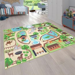 Kinder-Teppich Für Kinderzimmer, Spiel-Teppich, Zoo Mit Tiger, Bär, Löwe, Bunt ø 160 cm Rund - Paco Home