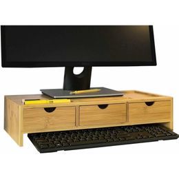 BBF03-N Monitorerhöhung Monitorständer Bildschirmständer Schreibtischaufsatz mit Fächern und 3 Schubladen Bambus bht ca.: 51x11,5x25cm - sobuy