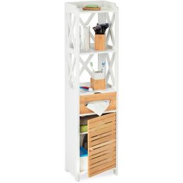 Badezimmerschrank, mit 5 Ablagen & Klappfach, 122 x 31 x 25,5 cm, mdf & Bambus, schmales Badregal, weiß/natur - Relaxdays