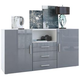 Sideboard Anrichte Schrank Möbel Schublade Kommode Skadu Weiß matt - Hochglanz - Front in Grau Hochglanz - Front in Grau Hochglanz - Vladon