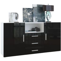 Sideboard Anrichte Schrank Möbel Schublade Kommode Skadu Weiß matt - Hochglanz - Front in Schwarz Hochglanz - Front in Schwarz Hochglanz - Vladon