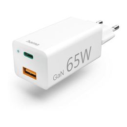 Hama GaN 1x USB-C PD, USB-A QC Schnellladegerät Universal, 3.3 - 20 Volt 65 Watt, Weiß