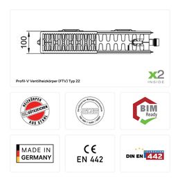 Kermi Profil-V therm-x2 Flachheizkörper Typ 22 Weiß 500x100x400mm Ventil rechts mit Abdeckung 576W bei 75/65/20 Grad C FTV220500401R1K