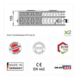 Kermi Profil-V therm-x2 Flachheizkörper Typ 33 Weiß 300x155x800mm Ventil rechts mit Abdeckung 1040W bei 75/65/20 Grad C FTV330300801R1K