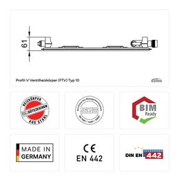 Kermi Profil-V Flachheizkörper Typ 10 Weiß 400x61x400mm Ventil rechts ohne Abdeckung 170W bei 75/65/20 Grad C FTV100400401R1K