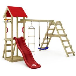 Spielhaus Spielturm TinyLoft mit Schaukel & Rutsche, Kletterturm mit Sandkasten, Leiter & Spiel-Zubehör - rot - Wickey