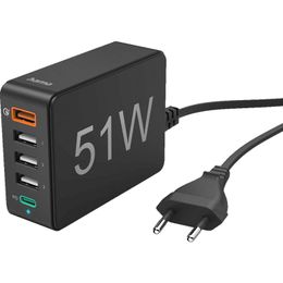 Hama 5 Ports, 1x USB-A QC 3.0, 3x USB-A, USB-C PD Schnellladegerät Universal, 3.6-12 Volt 51 Watt, Schwarz