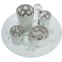 MyFlair Möbel & Accessoires Teelichthalter Solmas, Weihnachtsdeko (Set, 5 St., 1x Kerzenteller, 4x Teelichtgläser), Adventsleuchter aus Glas, für 4 Kerzen, silberfarben|weiß