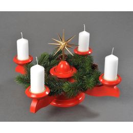 Albin Preissler Adventsleuchter Weihnachtsstern, Weihnachtsdeko rot, Ø 29 cm, rot, inkl. Tannenkranz, goldfarben|rot