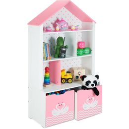 Kinderregal, Schwan, 5 Fächer, 2 Rollboxen, hbt: 128x75x34 cm, Hausform, Spielzeug Aufbewahrung, weiß/rosa - Relaxdays