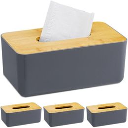 Relaxdays 4 x Taschentuchbox, nachfüllbar, Badezimmer, Tücherbox mit Bambus-Deckel, Kunststoff, HxBxT: 10x23x13 cm, grau/natur