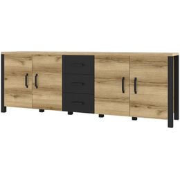 Lomadox Wohn-/Esszimmer Sideboard in Grand Natural Oak Nb. mit schwarz supermatt ORADEA-83, B/H/T ca. 220/79/48 cm - schwarz