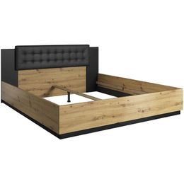 Lomadox Doppelbett Schlafzimmer ohne Lattenrost, Liegefläche 180 x 200 cm SOLMS-83 in Artisan Eiche Nb. mit schwarz, b/h/t: ca. 186/90/205 cm - braun