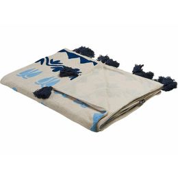 Beliani - Kuscheldecke Beige und Blau Baumwolle 130 x 180 cm Handgefertigt mit Blumenmuster Quasten für Bett Sofa Couch Sessel Wohnzimmer