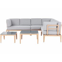 Beliani Lounge Set Heller Holzfarbton u. Grau Aluminium mit Auflagen zwei Tische für 6 Personen Garten Terrasse Balkon - Grau