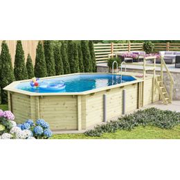 Karibu Achteckpool PALMA Set C (Set, 5-tlg), BxLxH: 358x569x124 cm, mit Sonnenterrasse B und Eckterrasse, braun