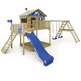 Spielturm Klettergerüst Smart Ocean mit Schaukel & Rutsche, Stelzenhaus mit Sandkasten, Kletterleiter & Spiel-Zubehör - blau - Wickey