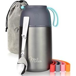 MILU Isolier-Speisebehälter grau 1 Thermobehälter mit Tasche, klappbarer Löffel, 5 farbige Trageschlaufen aus Gummi