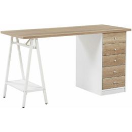 Beliani - Schreibtisch heller Holzfarbton/weiss Spannplattel 140x60 cm 5 Schubladen Büro Kinderzimmer Schule - Weiß