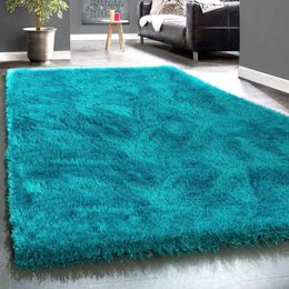 Paco Home Hochflor-Teppich &raquo;Touch 100&laquo; rechteckig 49 mm H&ouml;he weicher Uni Shaggy mit Glanz Garn, Wohnzimmer t&uuml;rkis Obermaterial: 60% Polyester, 40%...
