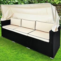 Gartenmöbel Sofa 3-Sitzer mit Sonnendach Polyrattan Lounge 210x70x70cm Wetterfest inkl. 7cm Auflage Couch Gartenliege Terasse Balkon Schwarz - Casaria