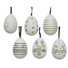 Decoris season decorations Osterei, Ostereier zum Aufhängen mit Schriftzug 6cm weiß / gold 6 Stück