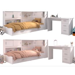 Kinderzimmer Snoop 2 Parisot 3-tlg Bett 90*200 cm inkl. Schubkästen + 3 Regale + Schreibtisch weiß