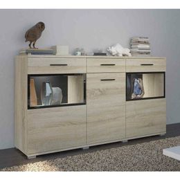 Sideboard amadao 154 cm breit Glas-Vitrine 3-türig Anrichte Eiche Sonoma - Furnix