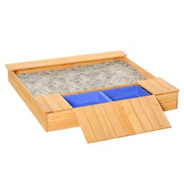 Outsunny Sandkiste mit Bank und Aufbewahrungsfächern naur, blau 123 x 121 x 17,5 cm (LxBxH)