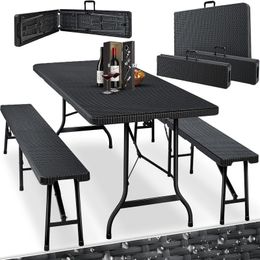 Kesser Bierzeltgarnitur - 3-teilig Set Tisch + 2 x Bank für drinnen - draußen klappbar Tragegriffe HxBxT: 73x180x75 cm Kunststoff Rattan-Look Schwarz