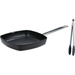 GSW Grillpfanne Gastro traditionell, Aluminiumguss (Set, 3-tlg), 28x28 cm, incl. Multizange 30 cm, Induktion, schwarz|silberfarben