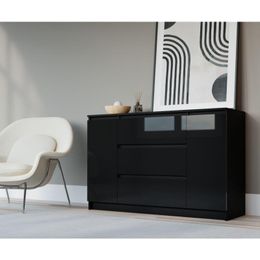 DEMI 2D3S Kommode 140cm in schwarz & schwarz in Hochglanz - Modernes Sideboard mit viel Stauraum für Ihren Wohnbereich - 140 x 78 x 39cm (B/H/T)