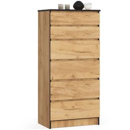 Kommode mit 6 Schubladen 60 cm, Farbe: Craft Eiche, H: 129 cm, B: 60 cm, T: 40 cm. Schrank für Wohnzimmer, Büro, Schlafzimmer - Craft Eiche