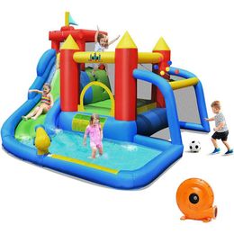 Costway 7 in 1 Hüpfburg + 450W Geblaese Kombination mit Wasserrutsche, Aufblasbares Springburg Hüpfschloss Outdoor Bouncer Spielpool Luftgeblaese inkl.