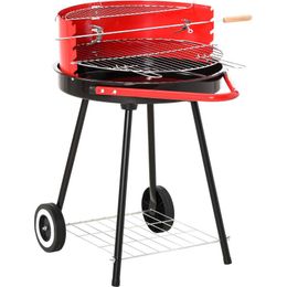 Holzkohlegrill Rundgrill Standgrill auf Rollen mit Gitterrost bbq Metall Rot L51 x B70 x H75,5cm - Rot+Schwarz - Outsunny