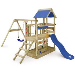 Spielhaus Spielturm TurboFlyer mit Schaukel & Rutsche, Kletterturm mit Sandkasten, Leiter & Spiel-Zubehör - blau - Wickey