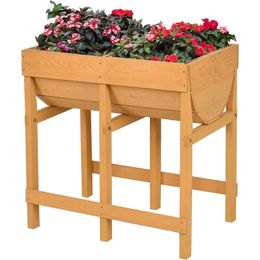 Blumenbeet mit 2 Blumentroegen, Hochbeet mit Liner, Hoch Blumenkasten, Pflanzkasten aus Holz, Blumentrog mit Belüftungsloechern, Stabil für Garten,