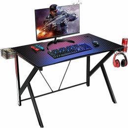 Gaming Tisch, Ergonomischer Computertisch mit k-foermiger Struktur, Kabelmanagementsystem, Kopfhoerer- & Getraenkehalter, hoehenverstellbarer