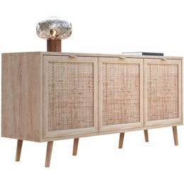 Newfurn Sideboard Sonoma Eiche Rattan Optik Kommode Modern Skandinavisch - 150x71x40 cm (BxHxT) - Highboard Anrichte Boho - [Mila.four] Wohnzimmer