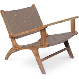 PRIVATEFLOOR Loungesessel mit Armlehnen - Boho Bali Design Stuhl - Holz und Leder - Recia Braun - Taka, Leder - Braun