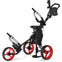GOPLUS 3-Rad Golftrolley Trolley mit Scoreboard, Klappbar Golfwagen mit abnehmbarem Sitz & Aufbewahrungstasche, Golfcart, Schiebenwagen für Golf