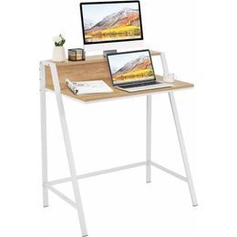 Costway - Schreibtisch 2-stoeckig, Computertisch mit stabilem Metallrahmen, Arbeitstisch Walnuss, Bürotisch, PC-Tisch fürs Wohnzimmer & Arbeitszimmer