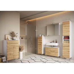 Germania Badmöbel-Set Torrance, (4-St), Unterschrank, Spiegelschrank mit Beleuchtung, Kommode und Hochschrank, braun|weiß