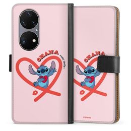 DeinDesign Handyhülle Stitch Ohana Pink Heart, Huawei P50 Pro Hülle Handy Flip Case Wallet Cover Handytasche Leder, schwarz