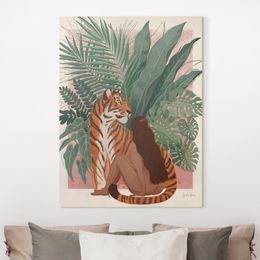 Bilderwelten Leinwandbild Tiere Tropisch Kunstdruck beige - Majest&auml;tische Wildkatzen II - Pflanzen XXL Wohnzimmer Schlafzimmer