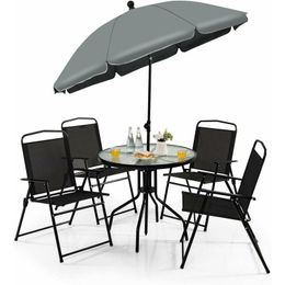 Gartenstuhl-Set, 4 Gartenstühle mit Tisch aus Glas & Patio-Schirm, Abriebfeste & Atmungsaktive Stoffe, Klappbarer Stuhl, Gartenmoebel Set für Balkon
