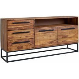 FineBuy Sideboard 165x80x40 cm Sheesham Massivholz / Metall mit Weinregal, Kommode mit Schubladen, Hausbar Schubladenschrank Industrial