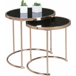 FineBuy - Design Couchtisch Glas Kupfer Tisch 2er Set Satztisch ø 50 & 42 cm , Wohnzimmertisch Glasplatte Schwarz, Beistelltisch Modern, Runder