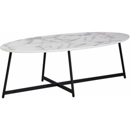 Design Couchtisch Oval 120x60 cm mit Marmor Optik Weiß, Wohnzimmertisch mit Metall-Beine Schwarz, Großer Beistelltisch - FineBuy